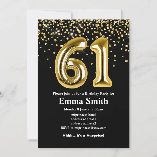 glitter gold balloon for 61th birthday party invitation | Zazzle