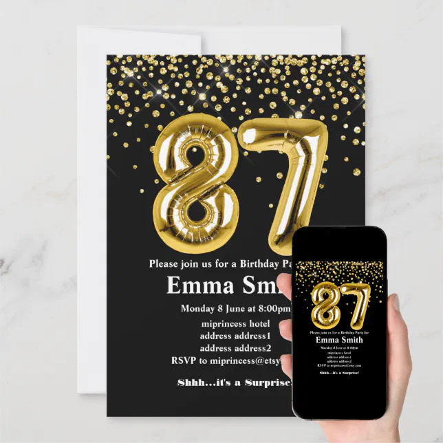 glitter gold balloon for 87th birthday party invitation | Zazzle