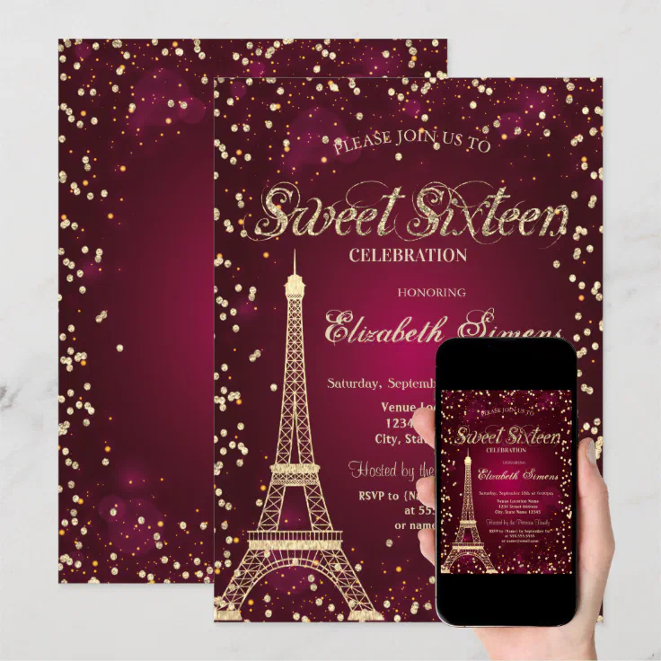 Glitter Gold Eiffel Tower Diamonds Red Sweet 16 Invitation | Zazzle
