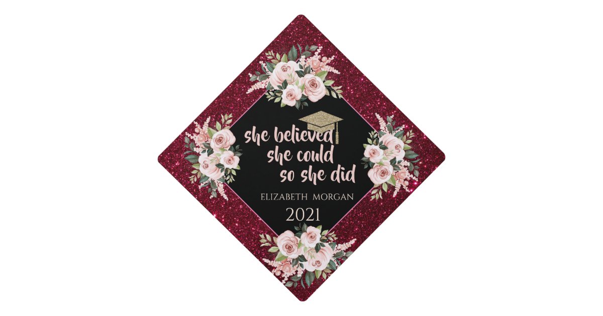 Glitter Gold Graduate Cap,Floral Red Glitter Graduation Cap Topper | Zazzle