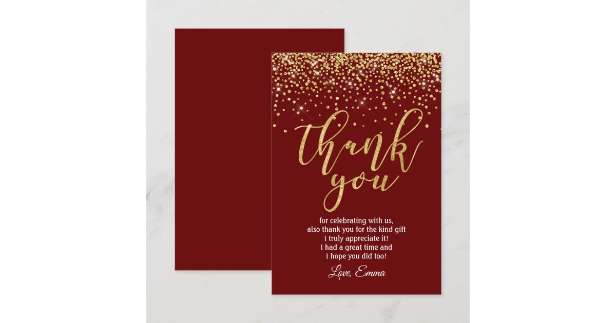 glitter gold, red thank you card | Zazzle