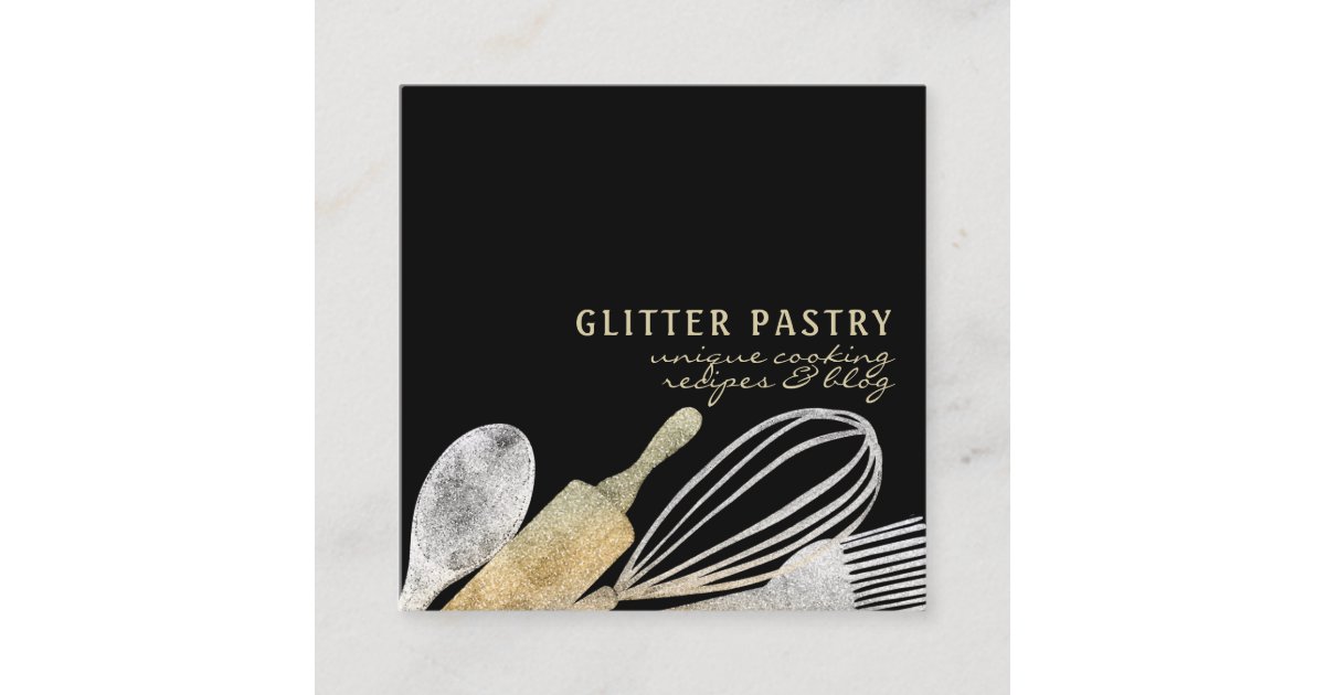 Glitter gold silver pastry bakery cook lux square business card | Zazzle