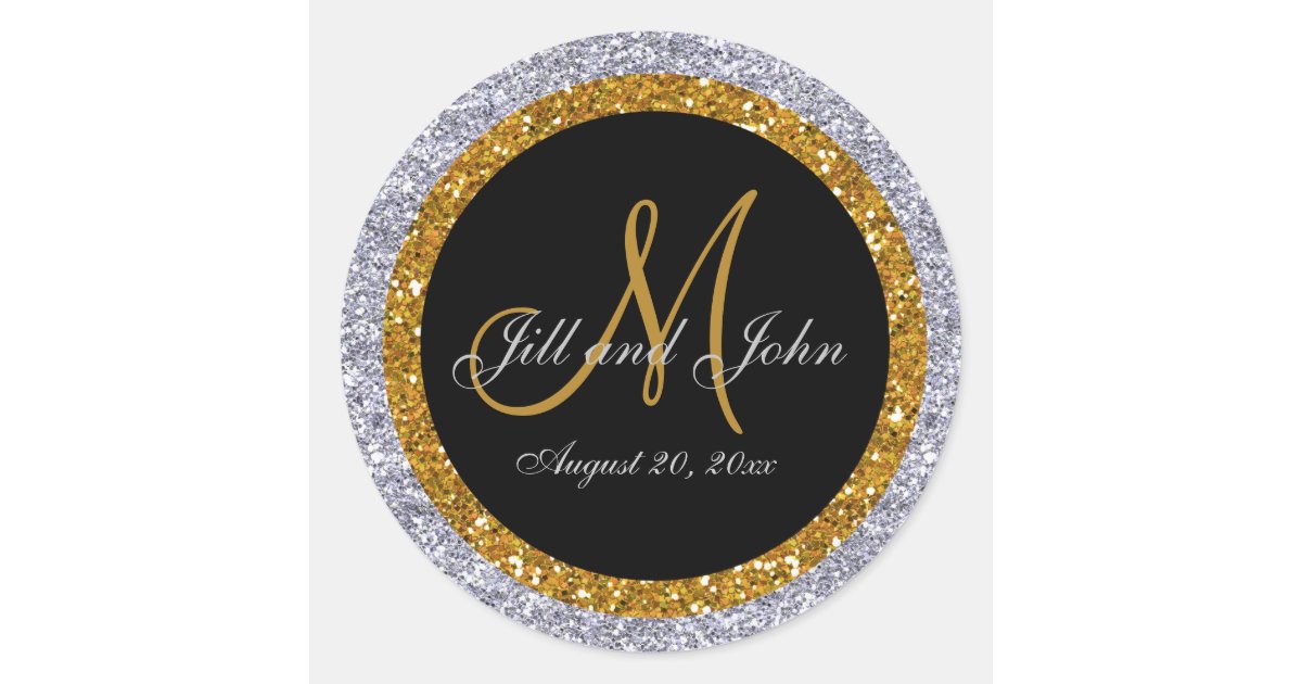 Glitter Gold Silver Wedding Monogram Seals Sticker | Zazzle
