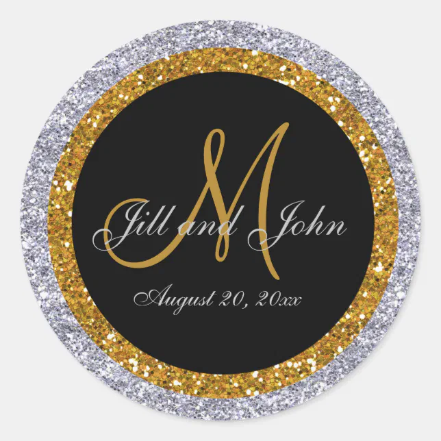 Glitter Gold Silver Wedding Monogram Seals Sticker | Zazzle