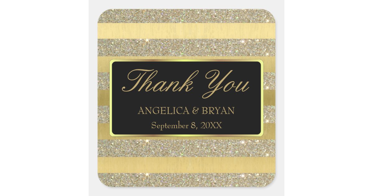 Glitter & Gold Stripes Wedding Thank You Sticker | Zazzle