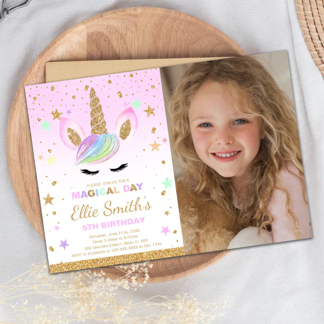 Glitter Golden Unicorn Invitations With Photo Zazzle