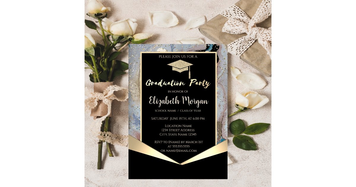 Glitter Graduation Cap,Confetti Marble Graduation Invitation | Zazzle