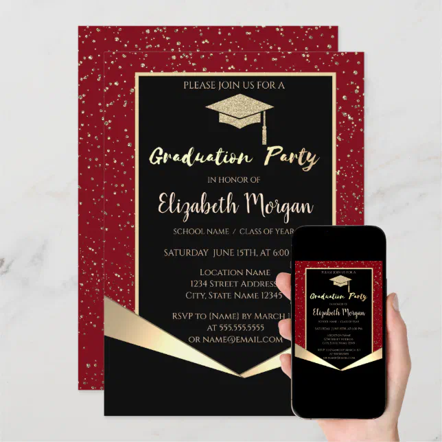 Glitter Graduation Cap,Confetti Red Graduation Invitation | Zazzle