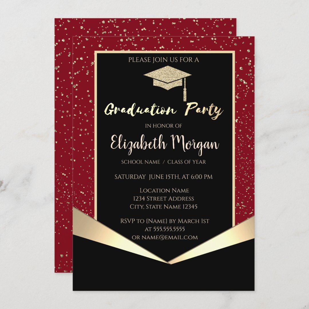 Glitter Graduation Cap,Confetti Red Graduation Invitation | Zazzle