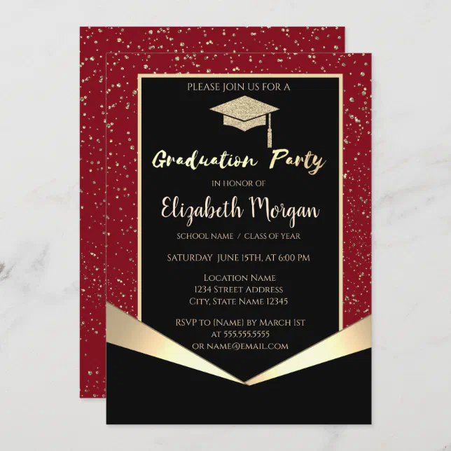 Glitter Graduation Cap,Confetti Red Graduation Invitation | Zazzle