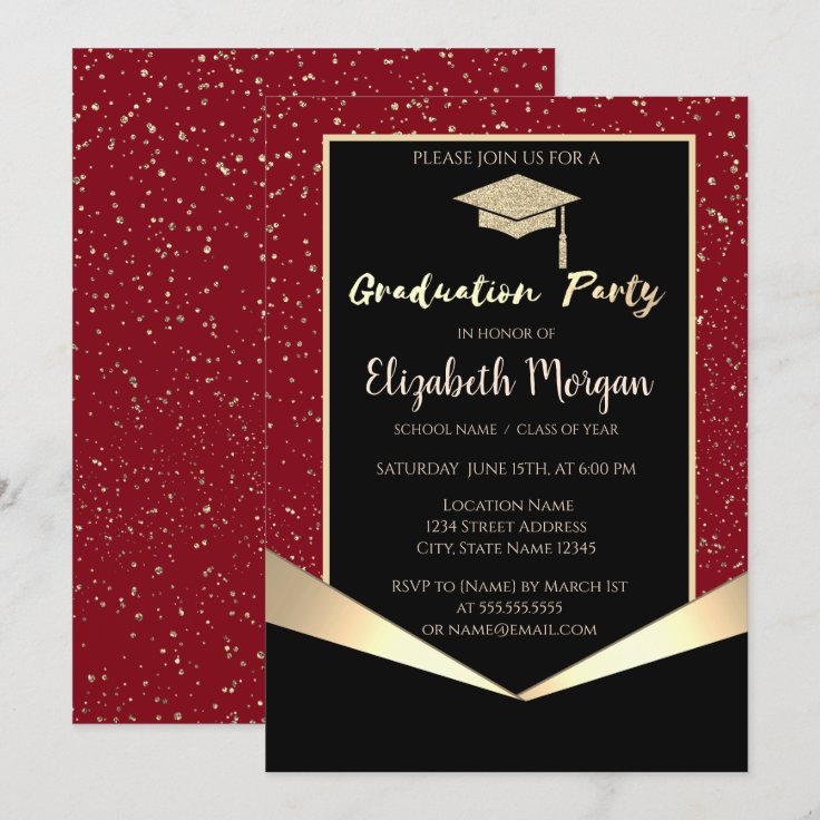 Glitter Graduation Cap,Confetti Red Graduation Invitation | Zazzle