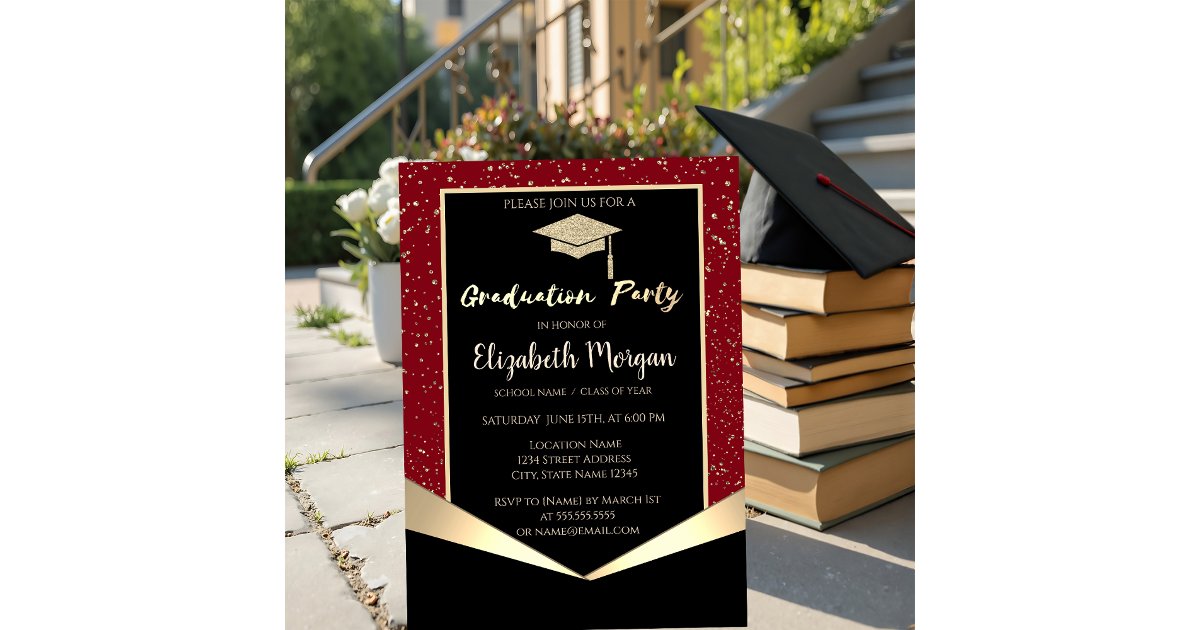 Glitter Graduation Cap,Confetti Red Graduation Invitation | Zazzle