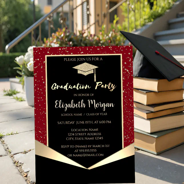 Glitter Graduation Cap,Confetti Red Graduation Invitation | Zazzle