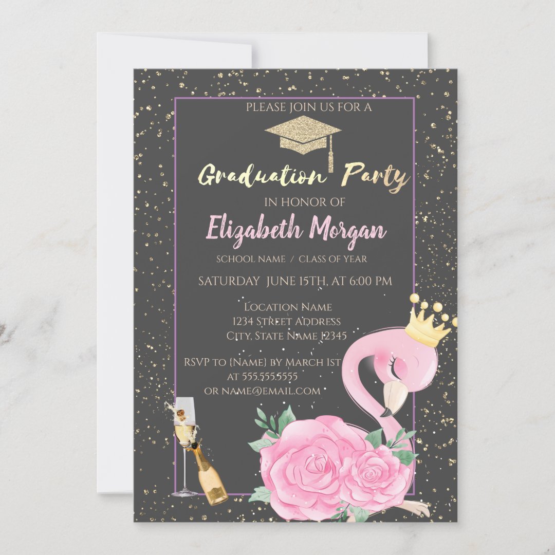 Glitter Graduation Cap,Confetti,Wine,Pink Flamingo Invitation | Zazzle