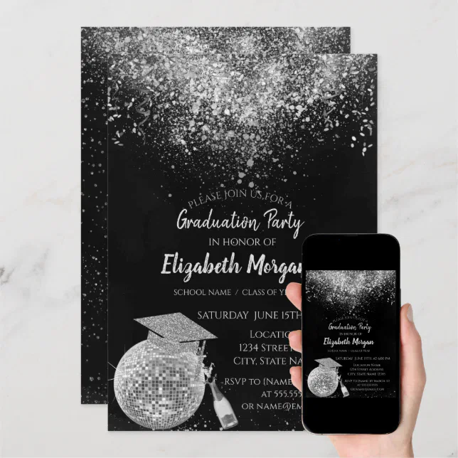 Glitter Graduation Cap,Disco Ball Confetti, Wine Invitation | Zazzle