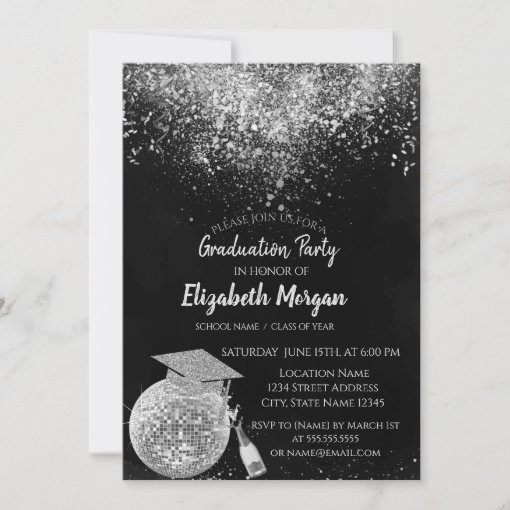 Glitter Graduation Cap,Disco Ball Confetti, Wine Invitation | Zazzle