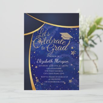Glitter Graduation Cap,Stars Blue Graduation Invitation | Zazzle