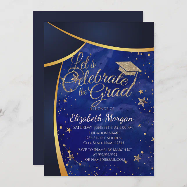 Glitter Graduation Cap,Stars Blue Graduation Invitation | Zazzle
