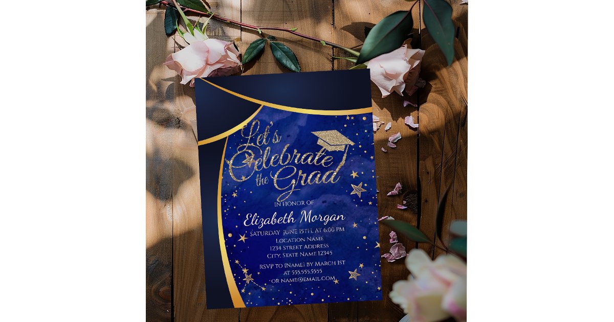 Glitter Graduation Cap,Stars Blue Graduation Invitation | Zazzle