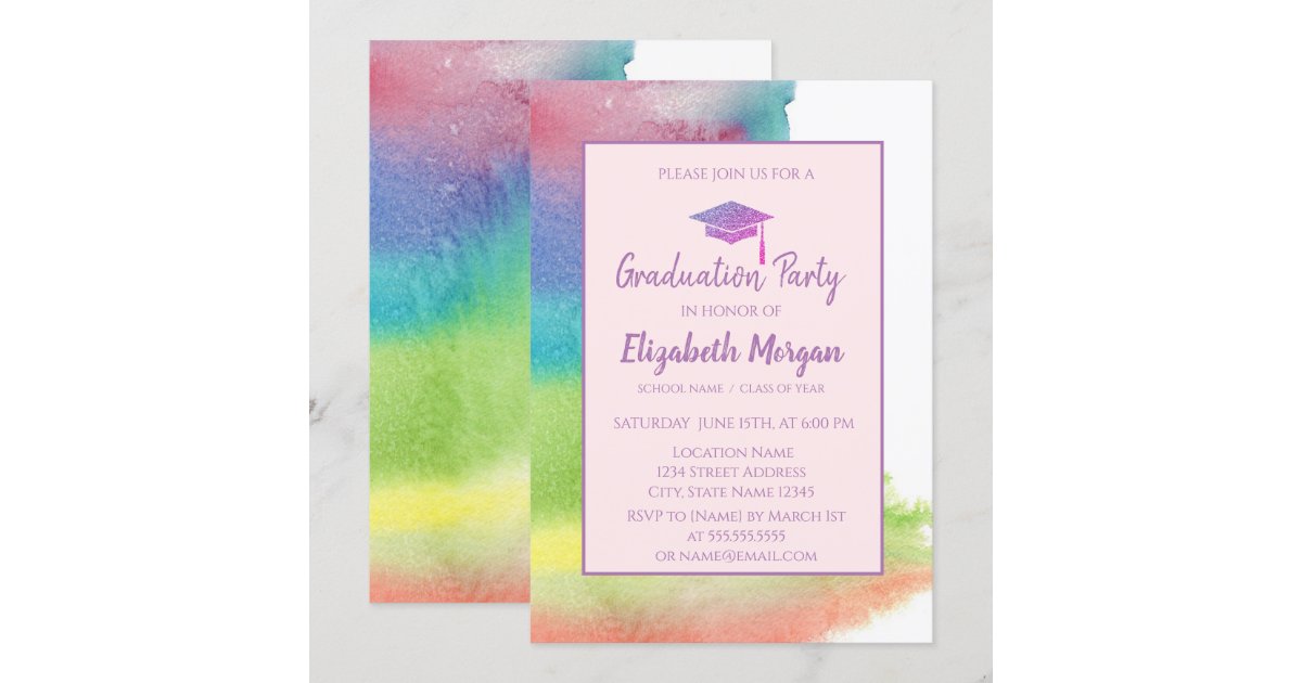 Glitter Graduation Cap,Watercolor Splash Invitation | Zazzle