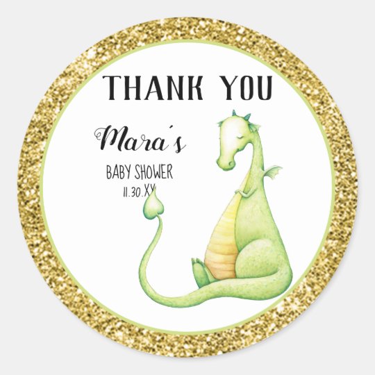 Glitter Green Dragon Baby Shower Thank You Classic Round Sticker ...