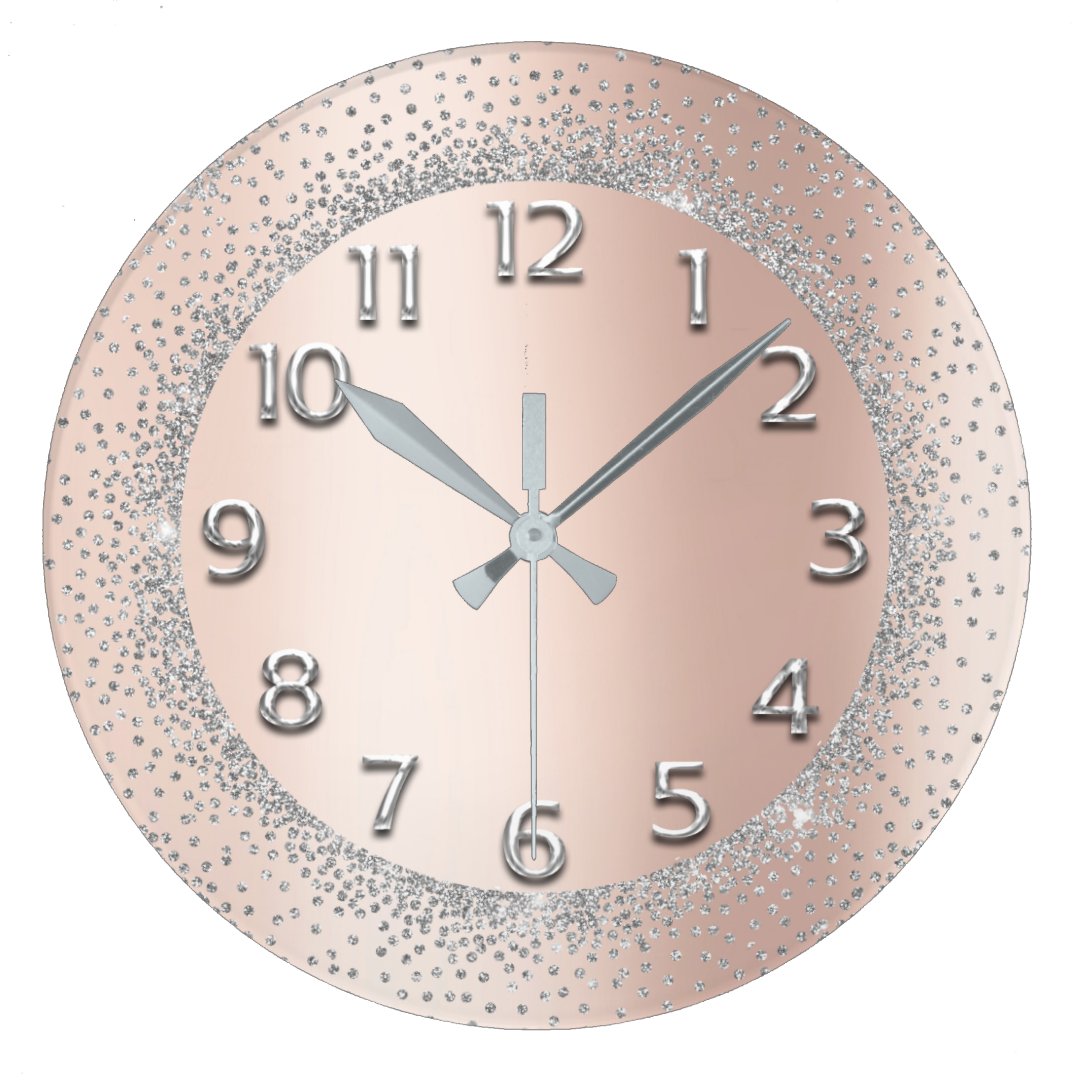 Glitter Grey Rose Gold Numbers Blush Beauty Lux Large Clock | Zazzle