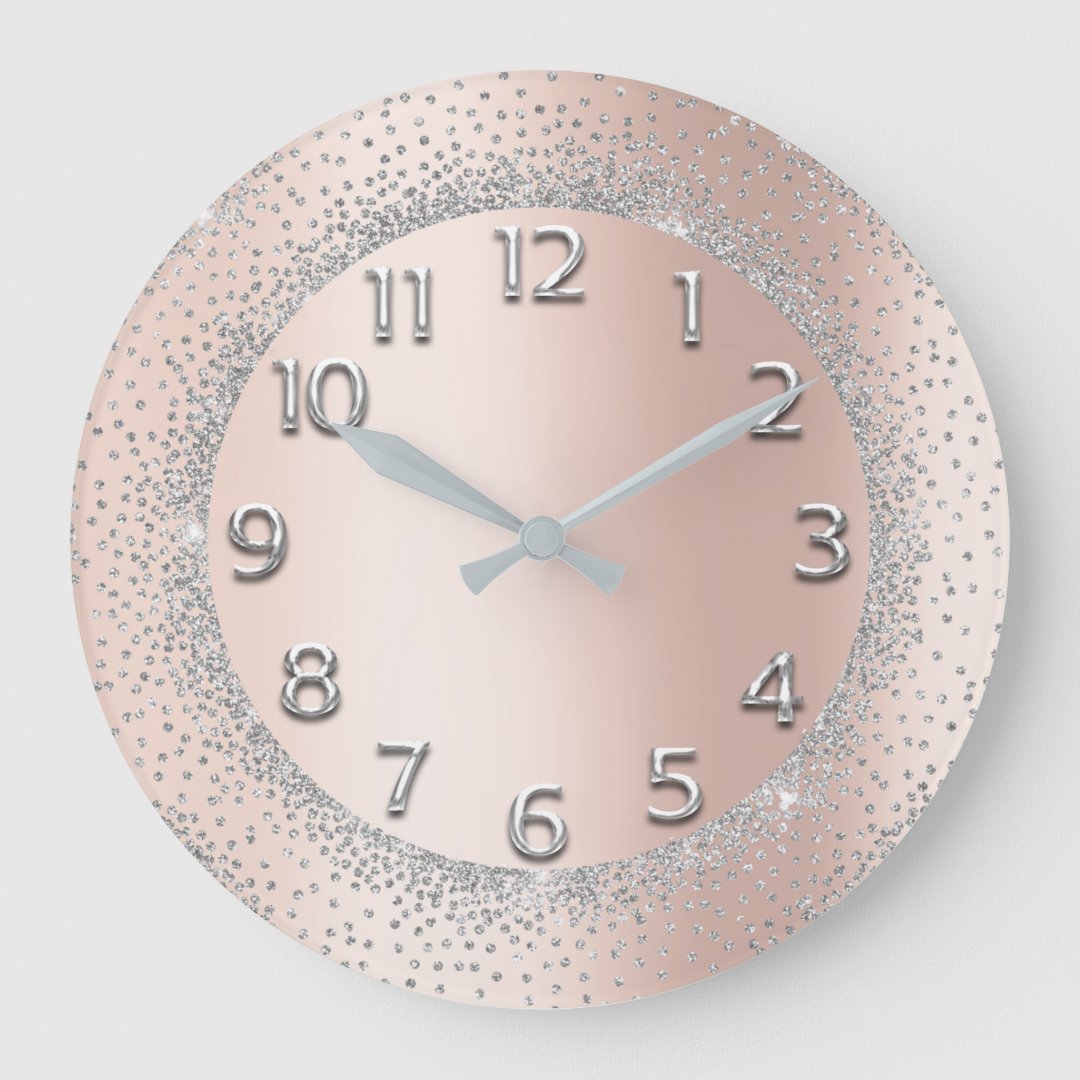 Glitter Grey Rose Gold Numbers Blush Beauty Lux Large Clock | Zazzle