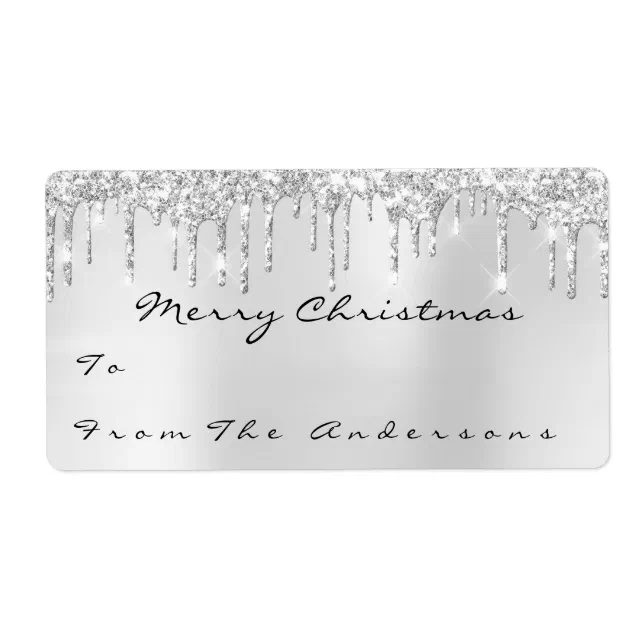 Glitter Grey Silver Drip Holidays Christmas Season Label | Zazzle