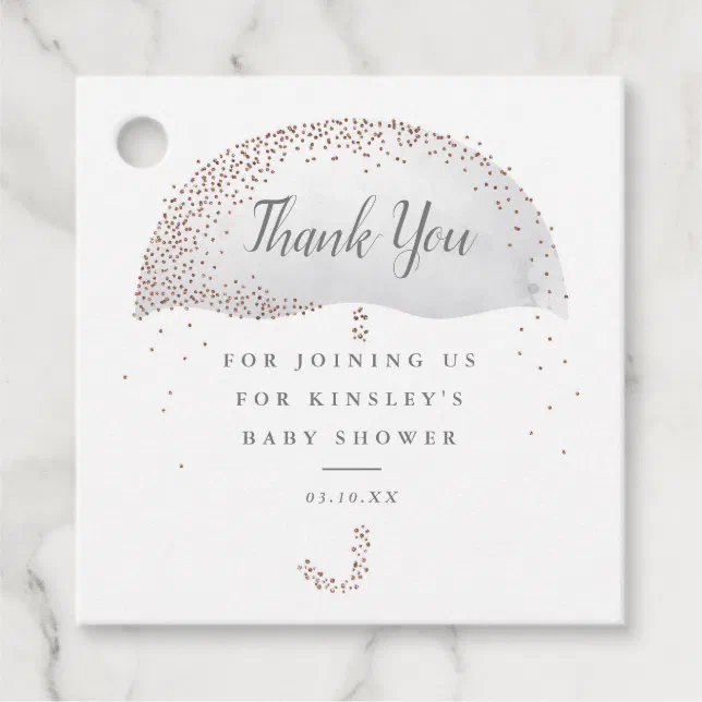 Glitter grey umbrella baby shower thank you favor tags | Zazzle