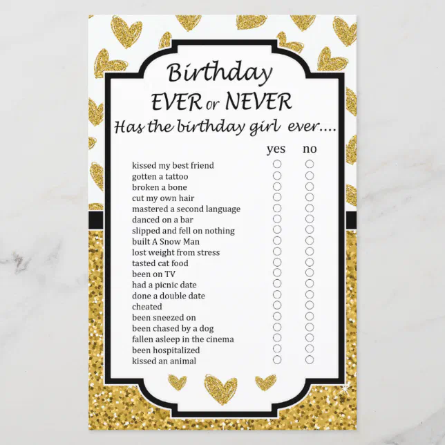 Glitter heart Birthday ever or never game | Zazzle