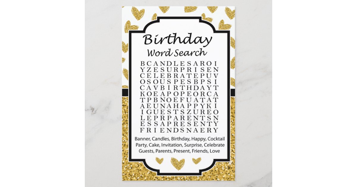 Glitter heart Birthday word search game | Zazzle