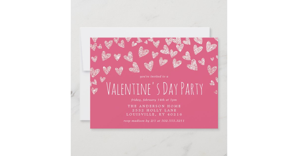 Glitter Hearts Pink Valentine's Day Party Invitation | Zazzle