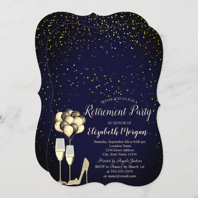 Glitter High Heels, Confetti Blue Retirement Party Invitation | Zazzle