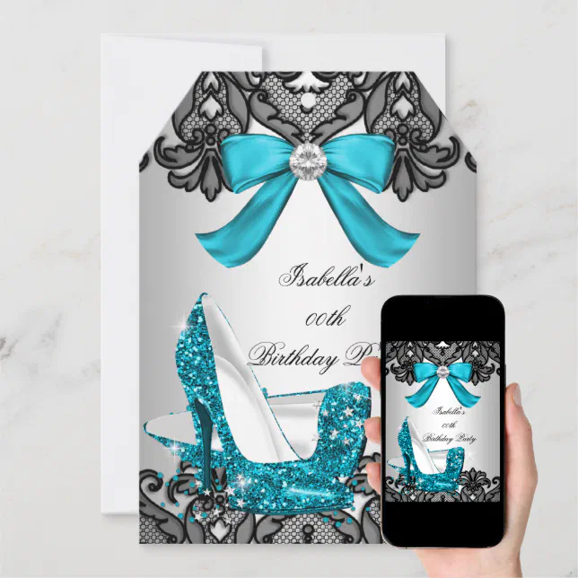 Glitter High Heels Teal Lace Diamond Stiletto Invitation | Zazzle