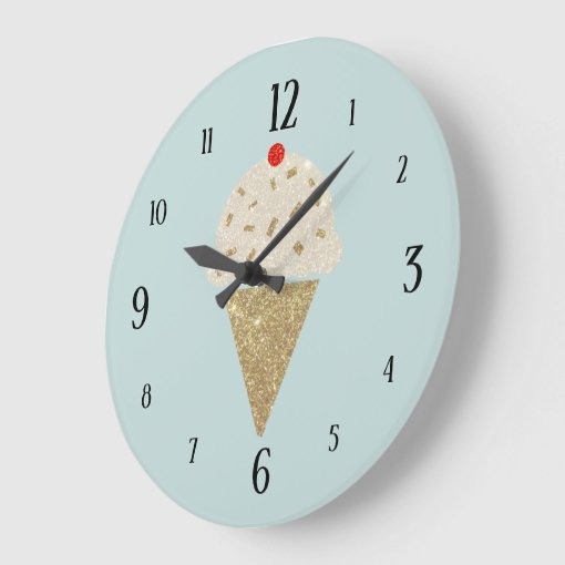 Glitter Ice Cream Cone Red Cherry on Blue Large Clock | Zazzle