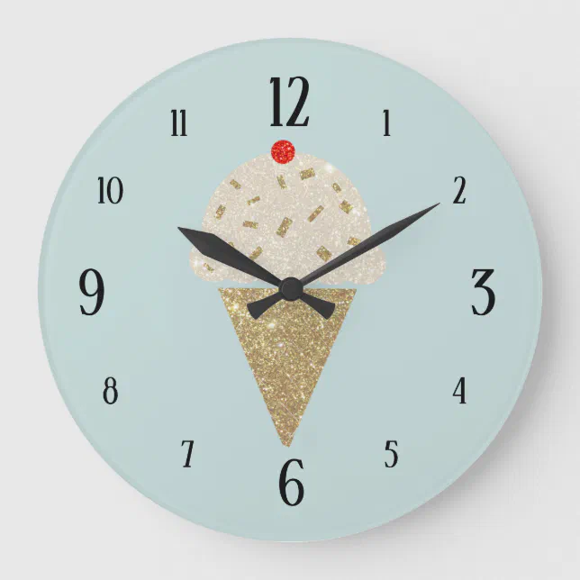 Glitter Ice Cream Cone Red Cherry on Blue Large Clock | Zazzle