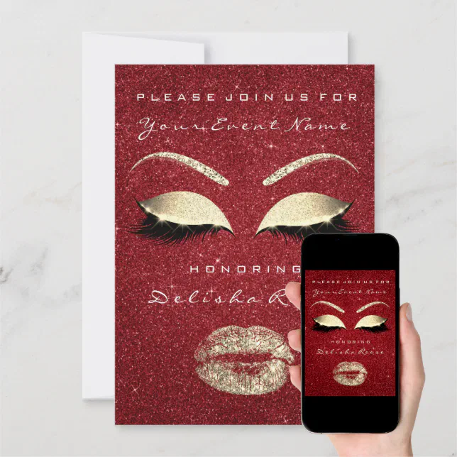 Glitter Lips Glitter Bridal Shower Red Gold Makeup Invitation | Zazzle