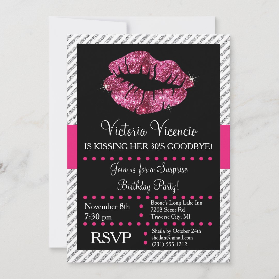 Glitter Lips Kissing Adult Birthday Invitation | Zazzle