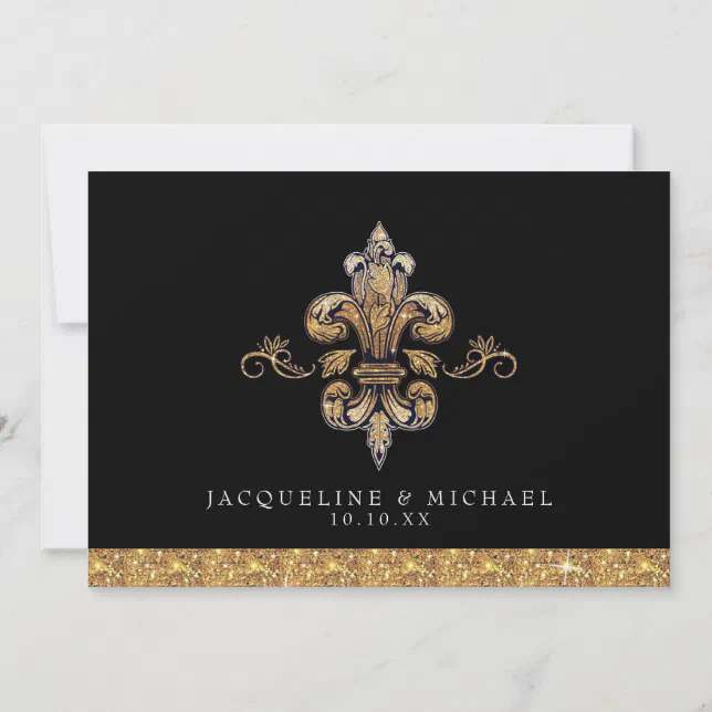 Glitter Look Faux Gold Black Formal Fleur de Lis Invitation | Zazzle