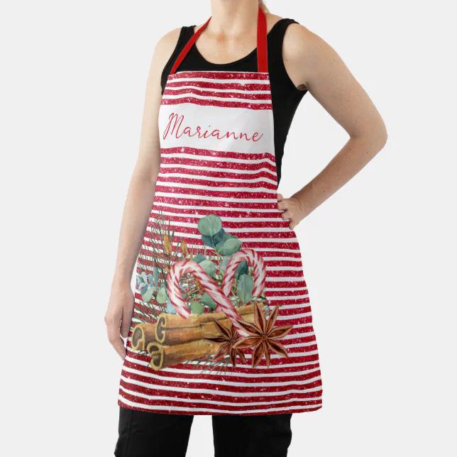 Glitter look Red Pine Candy Cane Bouquet Christmas Apron | Zazzle