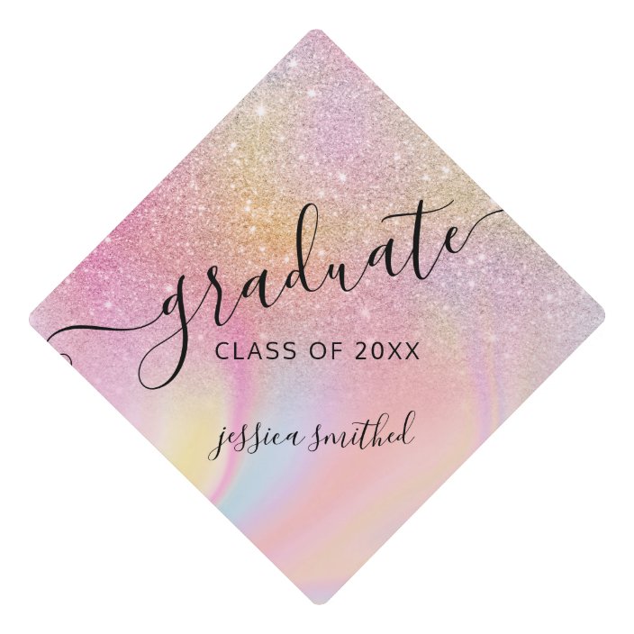 Glitter marble rainbow typography graduate graduation cap topper | Zazzle
