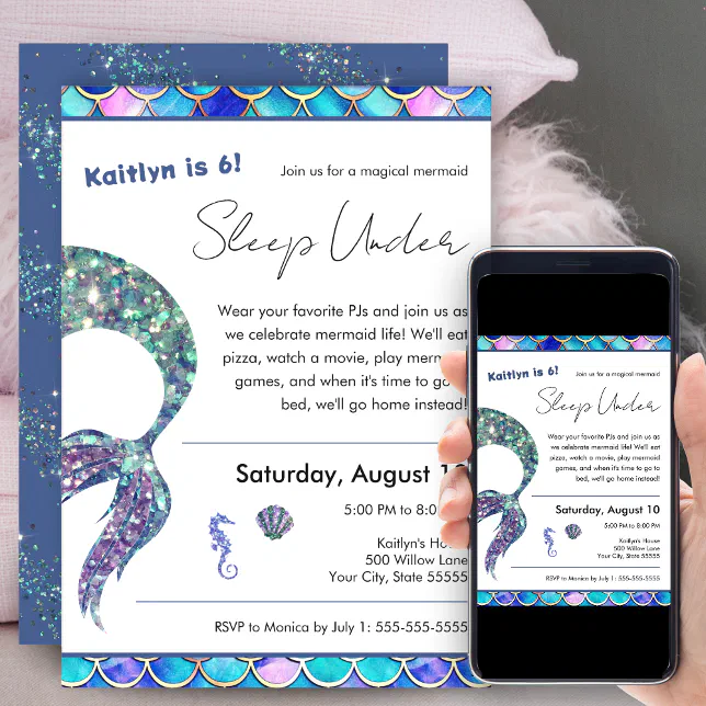 Glitter Mermaid Sleep Under Birthday Party v2 Invitation | Zazzle