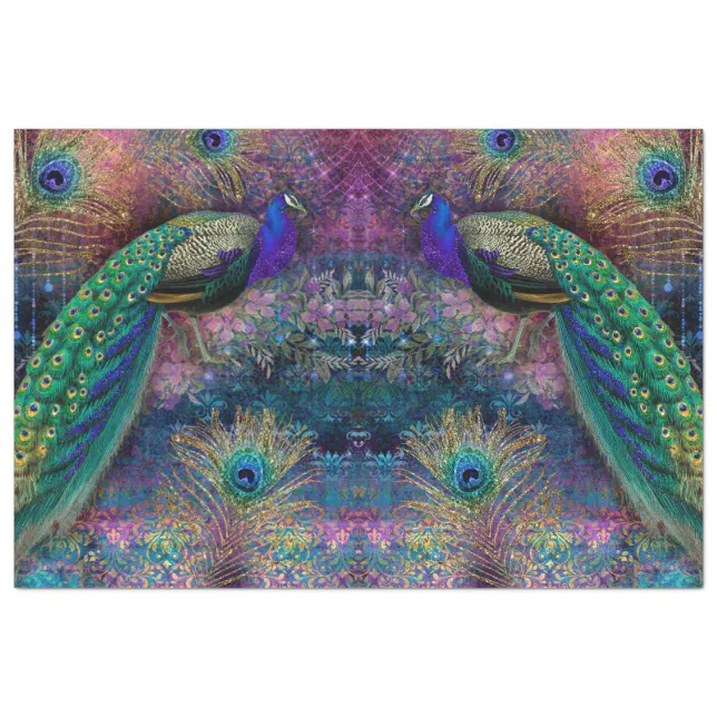 Glitter Peacocks Elegant Feathers Pink Decoupage Tissue Paper | Zazzle