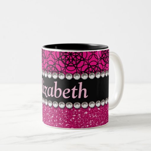 Glitter Pink and Black Pattern Rhinestones Two-Tone Coffee Mug | Zazzle