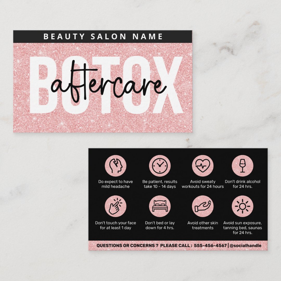 Glitter Pink Botox Filler Instruction Aftercare Business Card | Zazzle