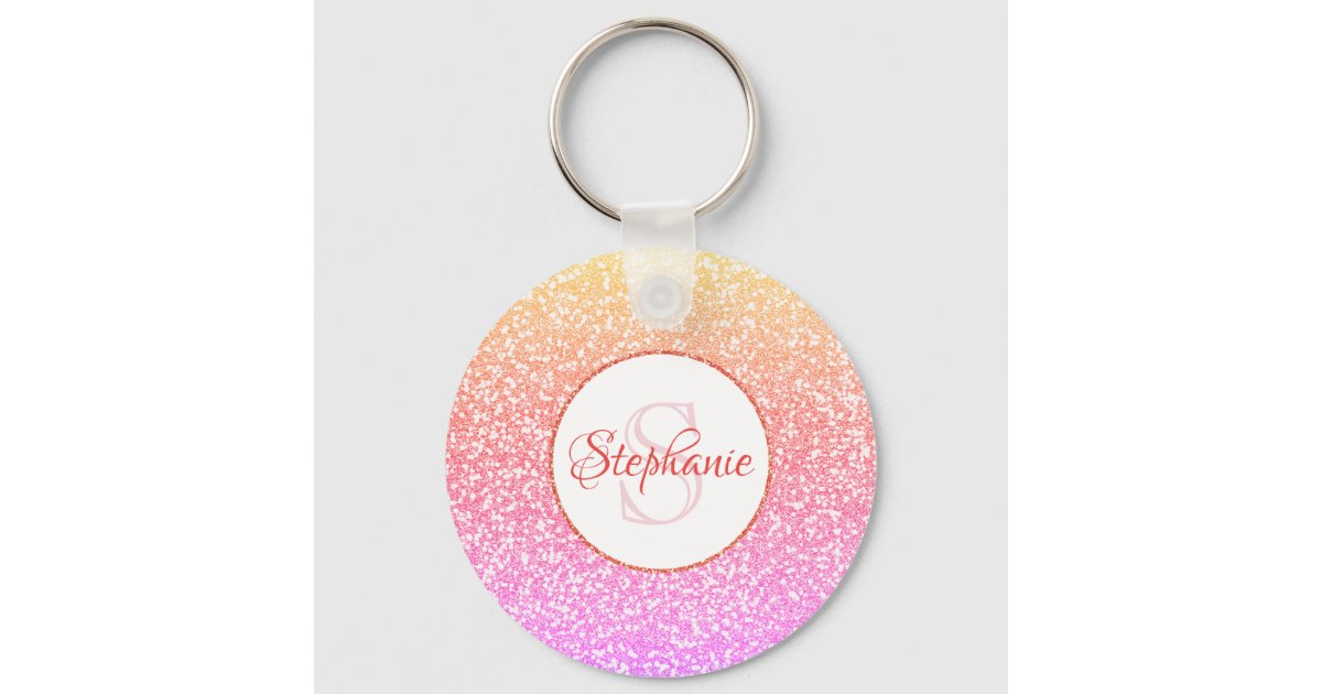 Glitter Pink Coral Rose Gold Round Monogram Keychain | Zazzle