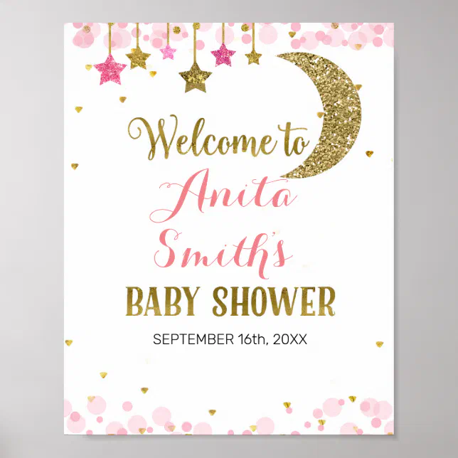 Glitter pink moon baby shower welcome sign | Zazzle