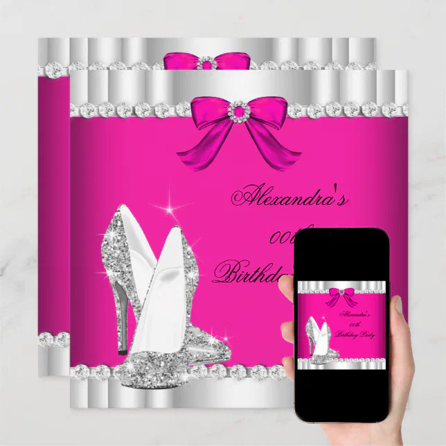 Glitter Pink Silver Glamour High Heels Party Invitation | Zazzle