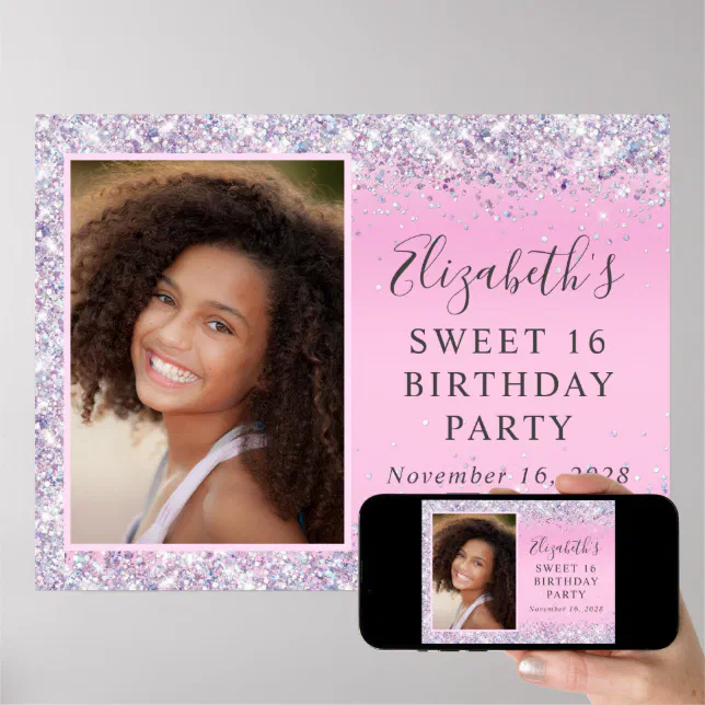 Glitter Pink Sweet 16 Birthday Party Poster | Zazzle
