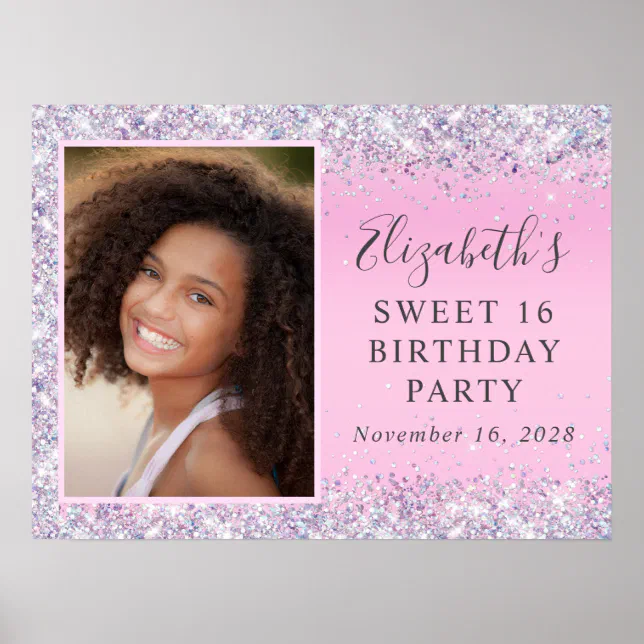 Glitter Pink Sweet 16 Birthday Party Poster | Zazzle